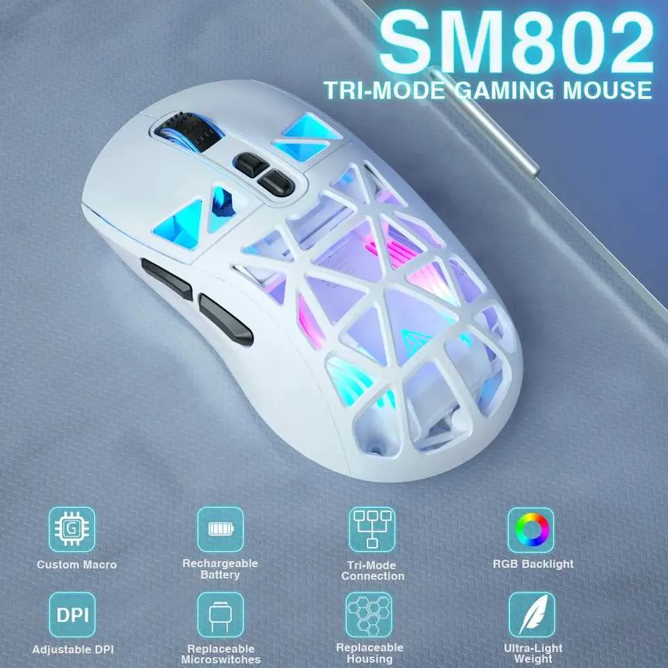 SOLAKAKA SM802 Wireless White Mmo Mouse 10000 DPI, Custom Macro Replacement Switch, RGB, 63g ...