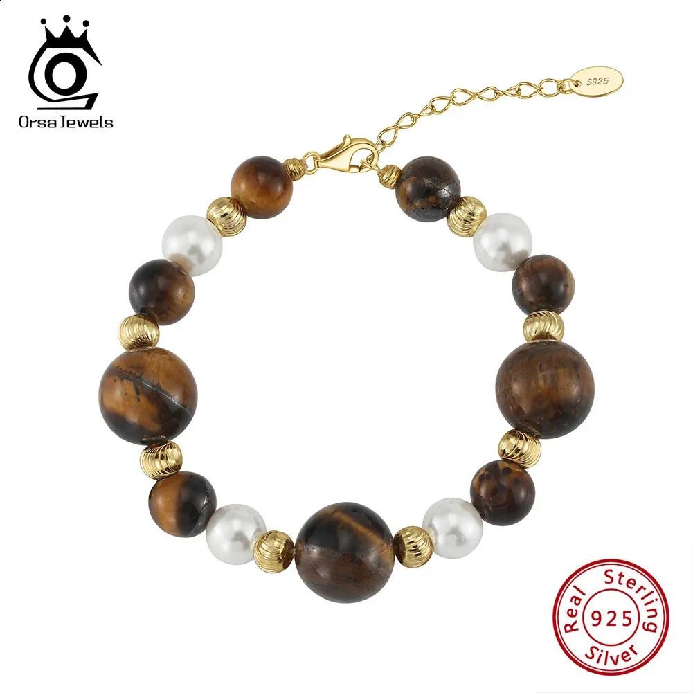 14K Gold Tiger Eye & Shell Pearl Bracelet - 925 Sterling Silver Chain ...