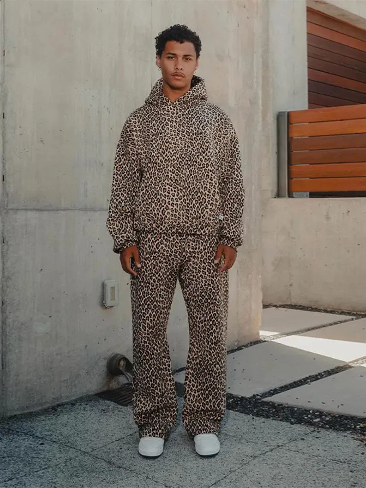 Men's Harajuku Leopard Print Outfit - Vintage Hoodie Set, Casual Loose ...