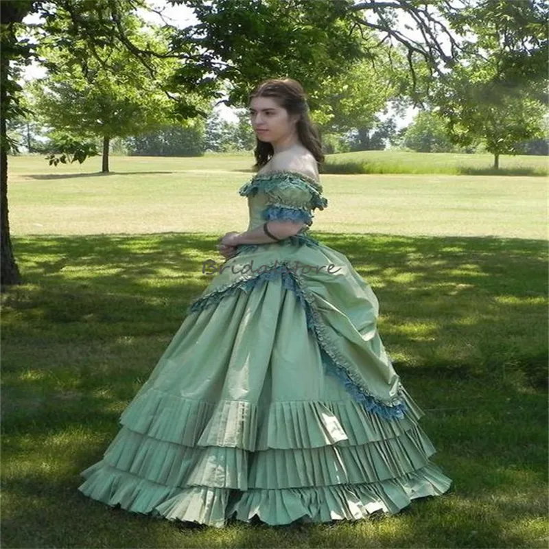 Green Off Shoulder Dress: Victorian Style Prom Gown, 1800s Inspired ...