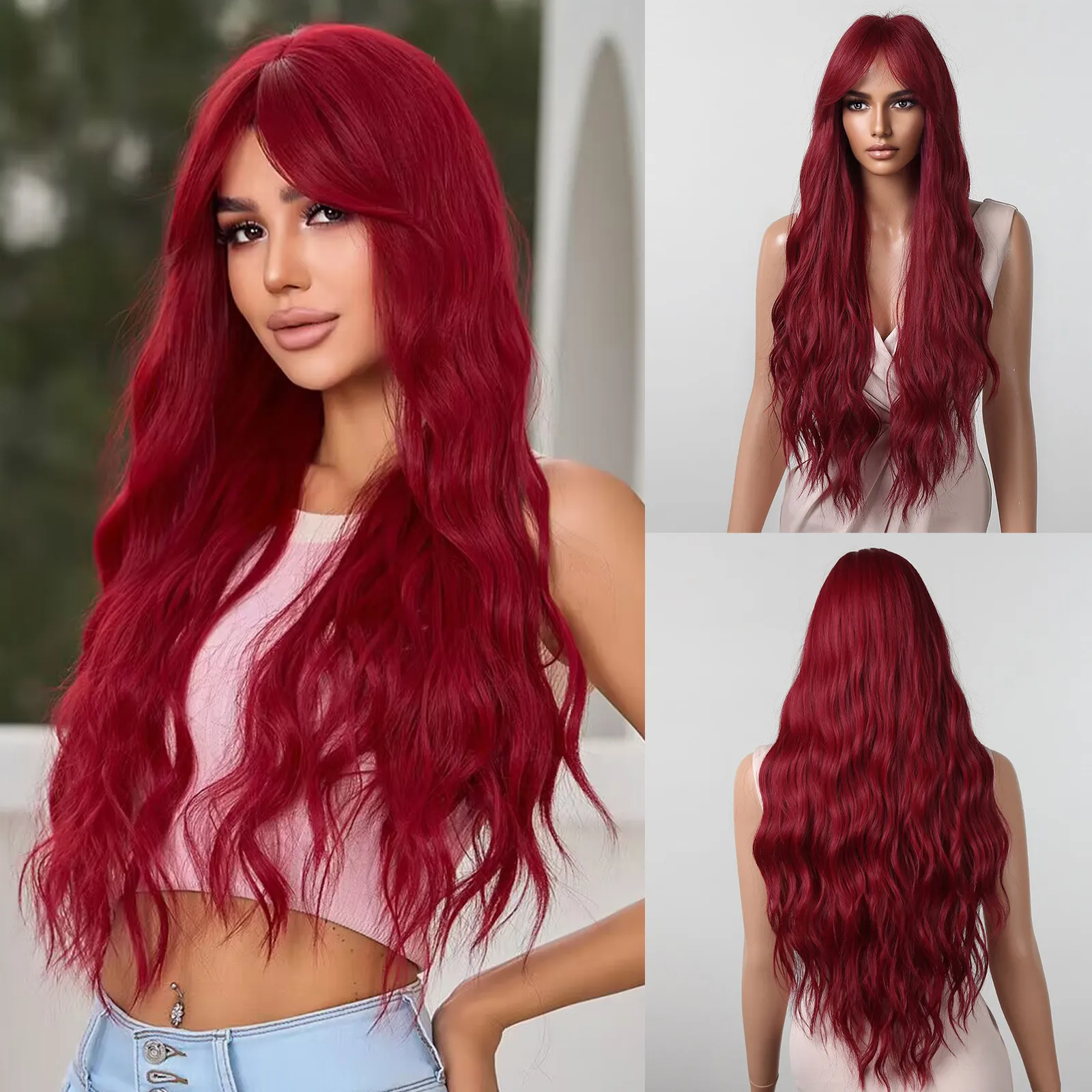 Long Hair Russian Blue Cat Cosplay Wig: Rose Red Curly Big Waves Full ...