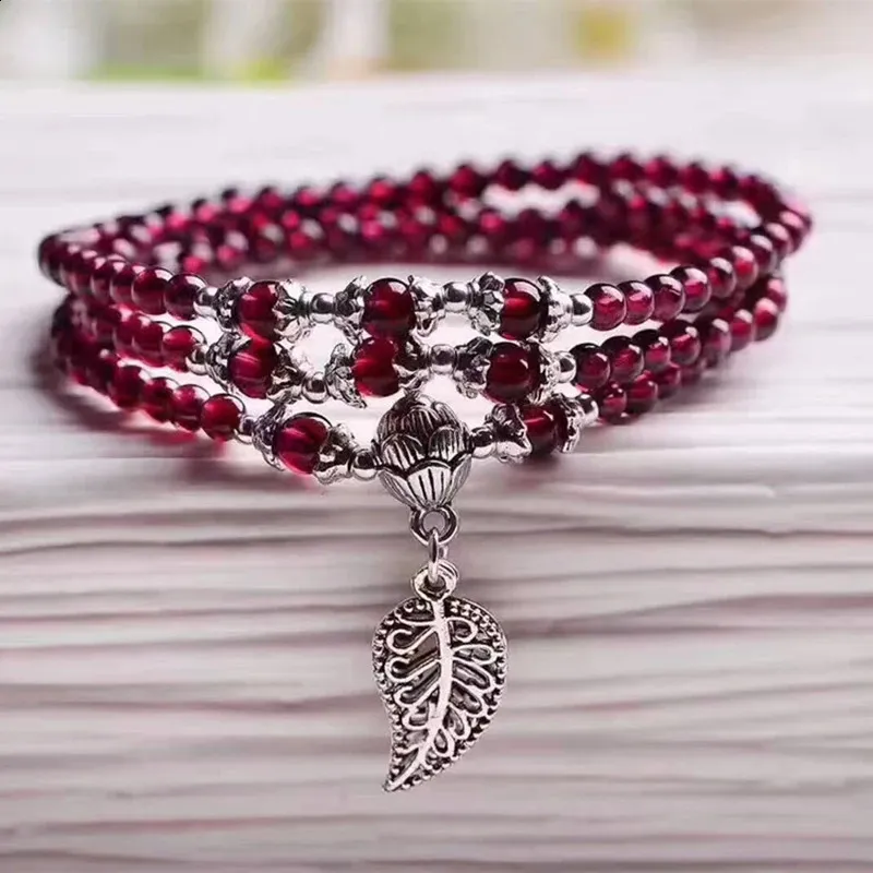 Wine Red Garnet Bracelet with Silver Leaf Pendant - Multi-Layer Natural ...
