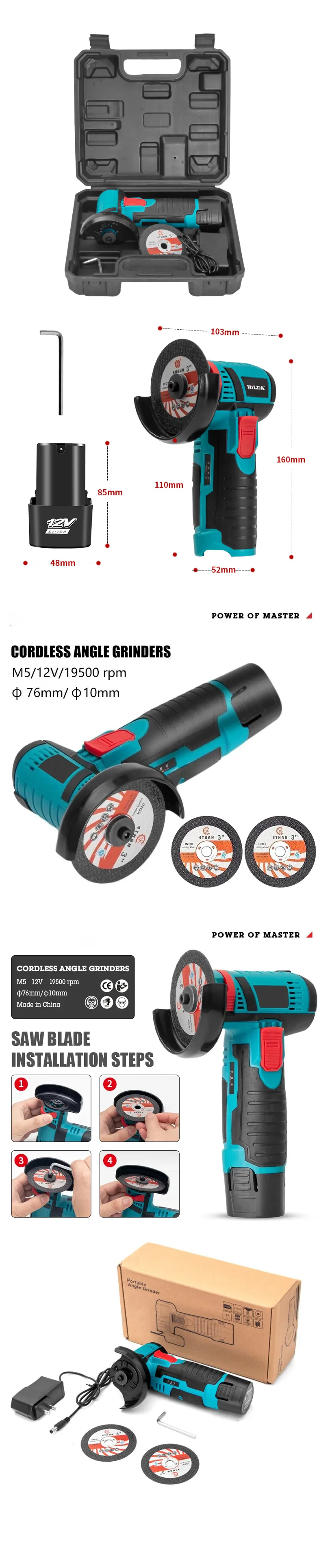 12V Cordless Mini Angle Grinder, Rechargeable Polishing Grinding ...
