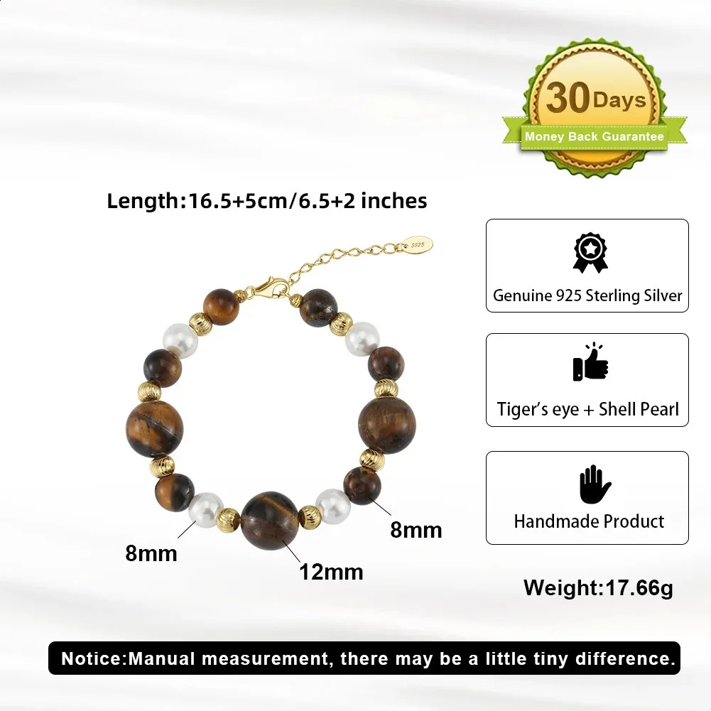 14K Gold Tiger Eye & Shell Pearl Bracelet - 925 Sterling Silver Chain ...