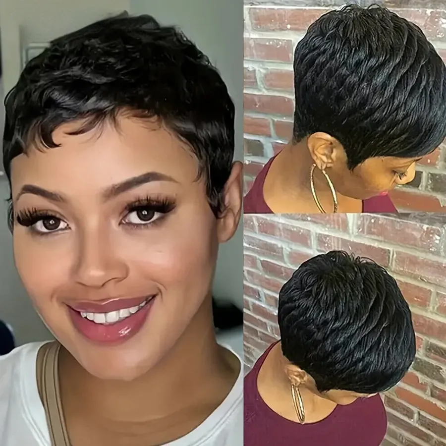 Luxurious Short Pixie Cut human hair wigs for Black...