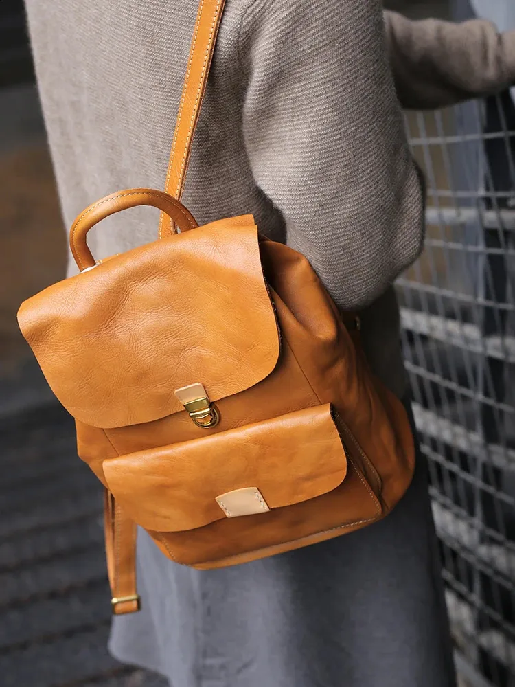 Premium Vegetable Tanned Leather Backpack: Soft Cowhide, Retro Style ...