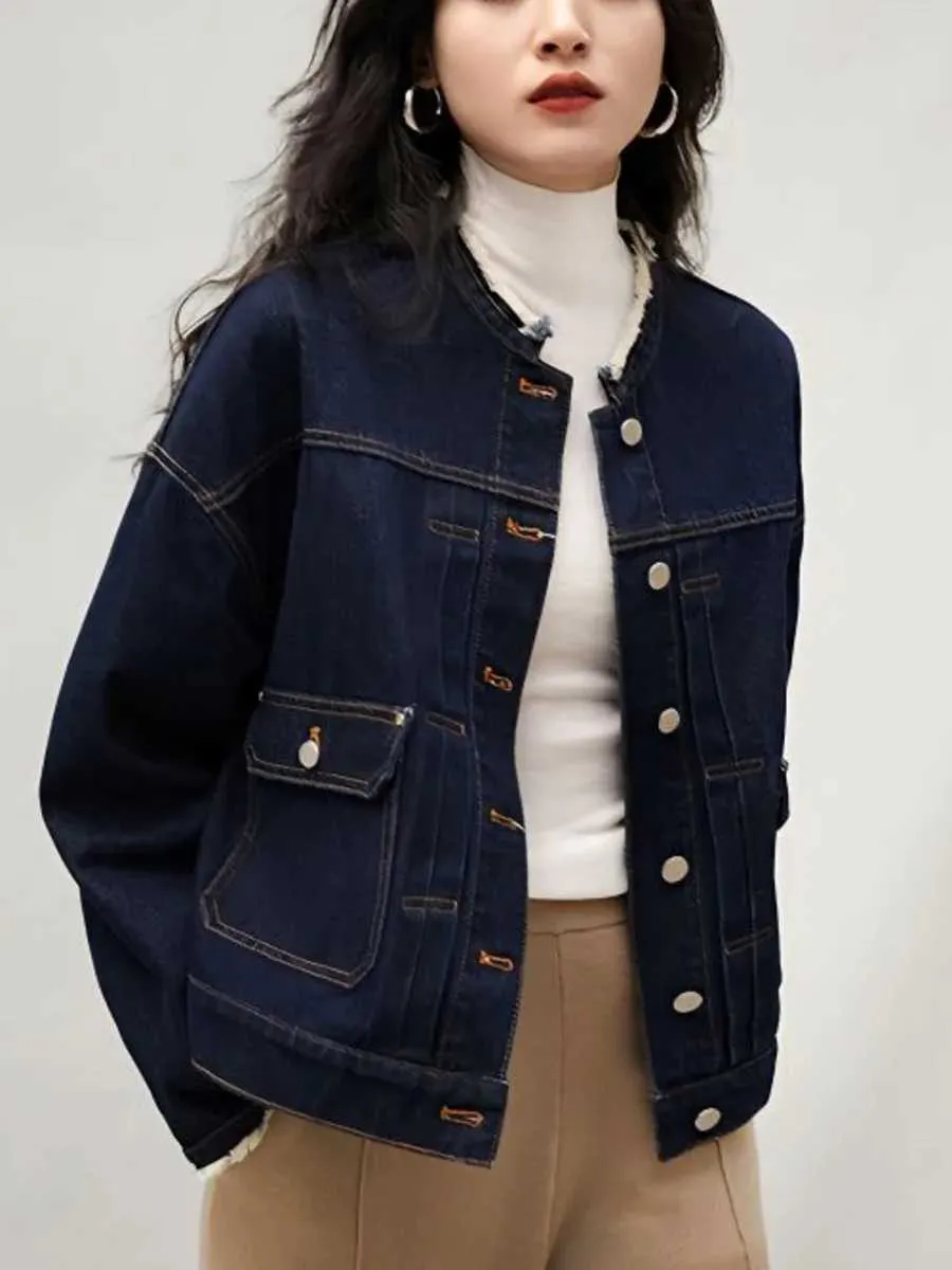 Retro Cropped Denim Jacket: Deep Blue, Long Sleeve, Rough Edge. Shop ...