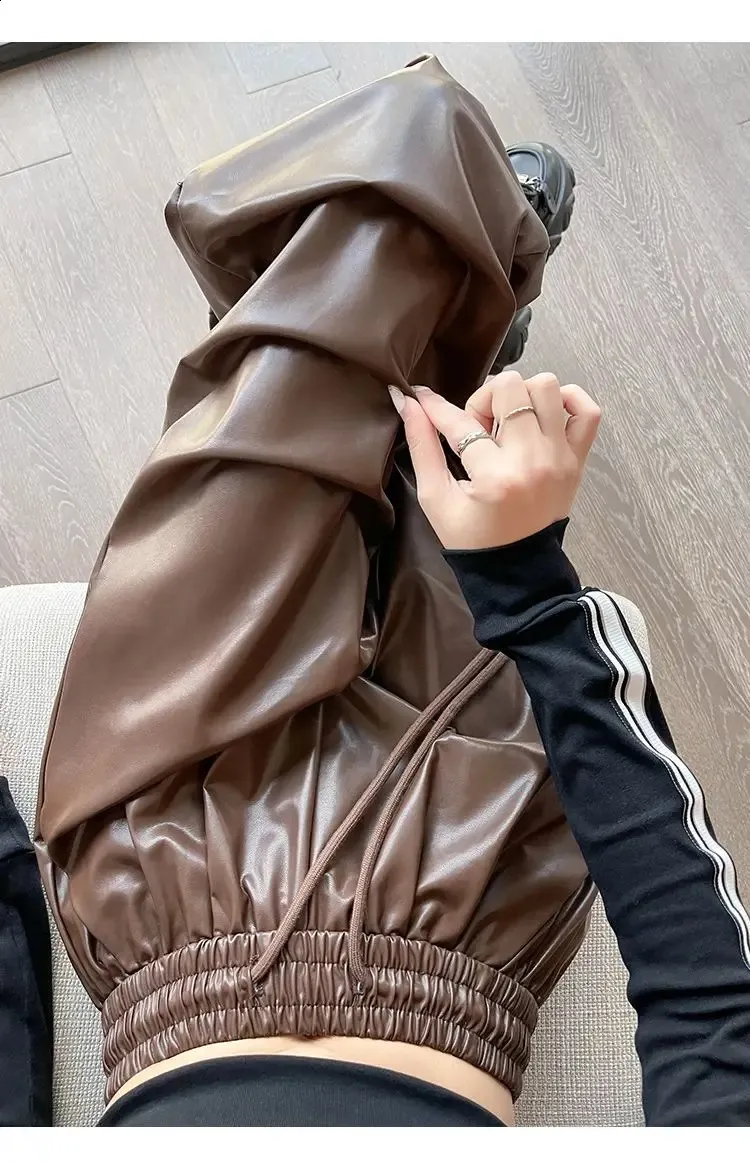 Korean High Waist Wide Leg Casual Pants: Women's Black Pu Leather ...