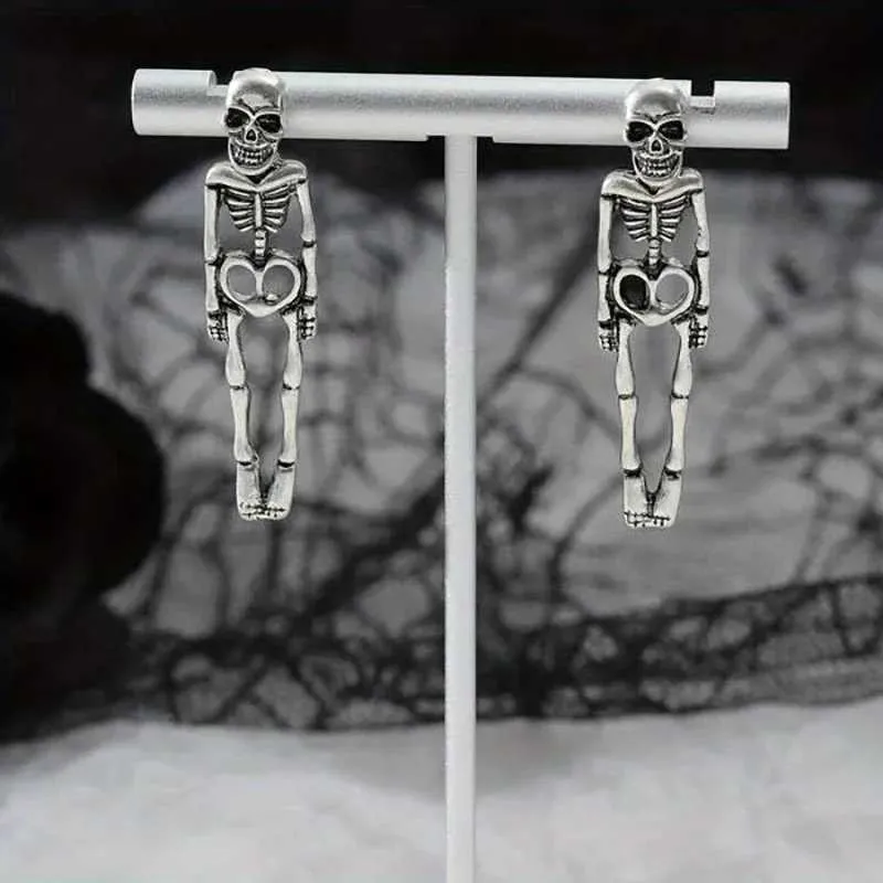 Silvery Skeleton Dangle Earrings - Retro Goth Halloween Skull Earrings ...