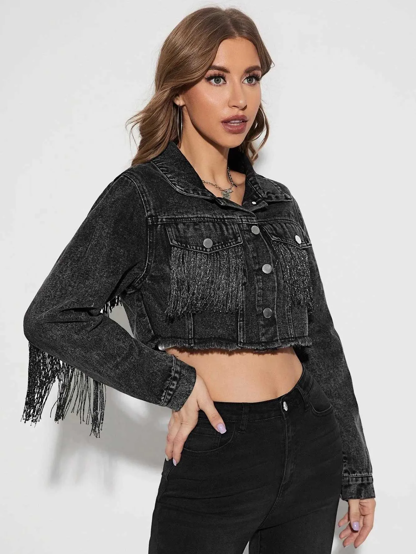 Fringe Denim Crop Top Jacket - Tassel & Raw Hem Design, Womens Style ...