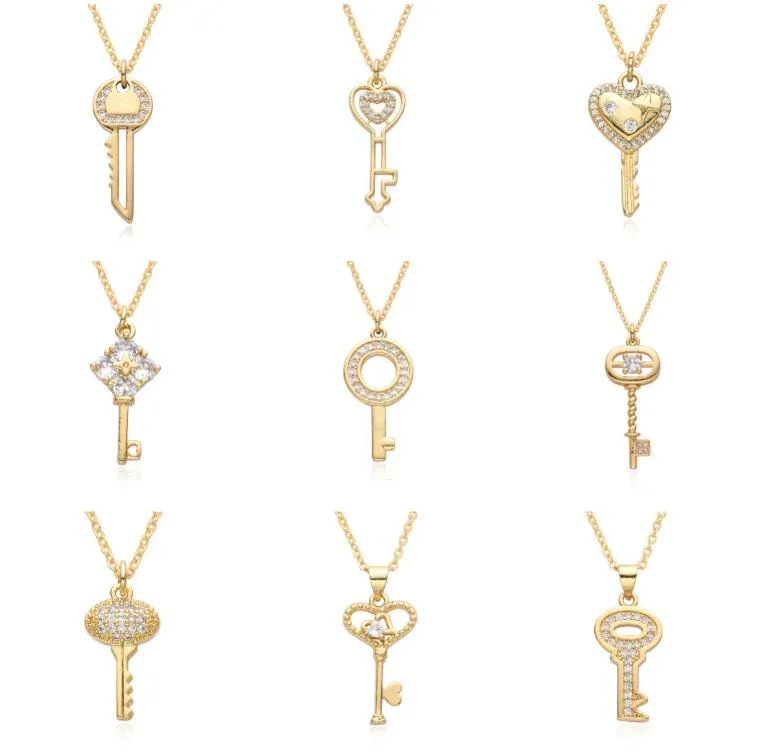 Vintage Gold Plated Copper Rhinestone Key Gold Key Necklace For Women ...