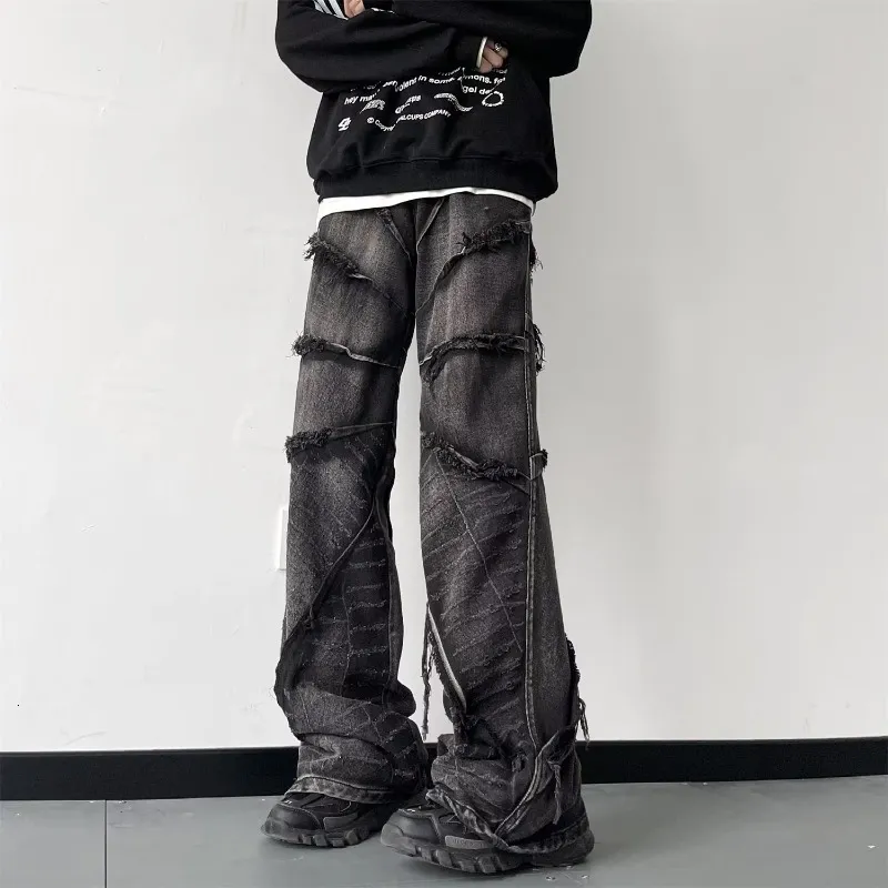 HOUZHOU Y2K Punk Black High Waist Oversized Streetwear Jeans With Raw ...