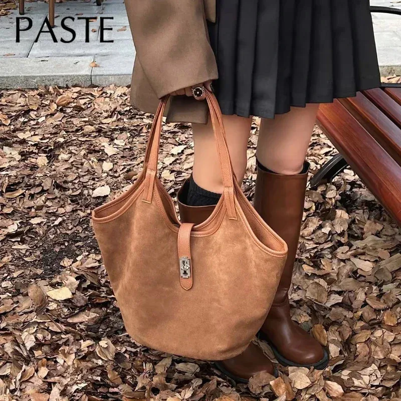 Elegant Coffee Suede Handbag - Nubuck Leather Shoulder Bag, Matte Solid ...