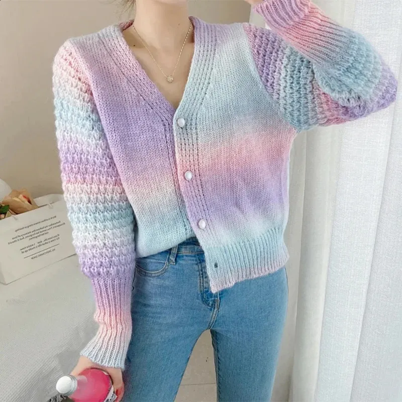 Elegant Rainbow Gradient Knit Cardigan: Long Sleeve, Casual Style ...