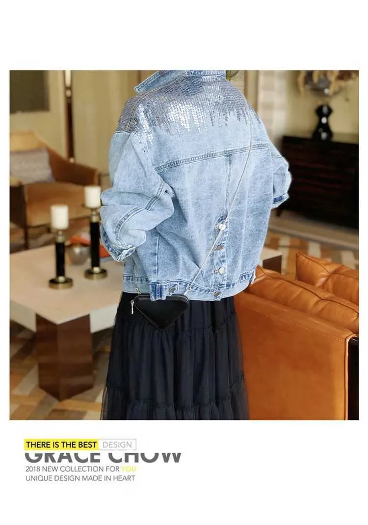 Women's Sequined Denim Jacket - Short, Loose Fit, Long Sleeve, Cowboy ...