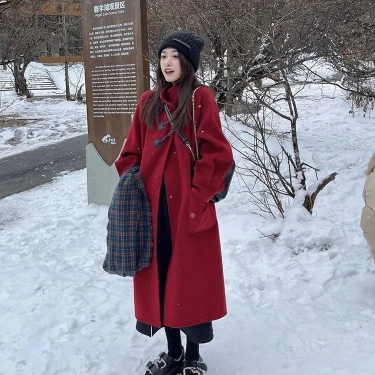 Womens Winter High-End Christmas Red Loose Long Coat Windproof Warm ...
