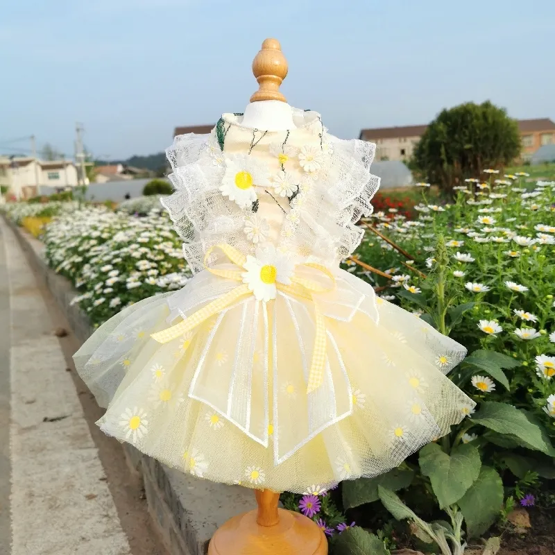 Yellow Lace Daisy Tutu Dog Dress - Handmade Embroidered Pet Wedding ...
