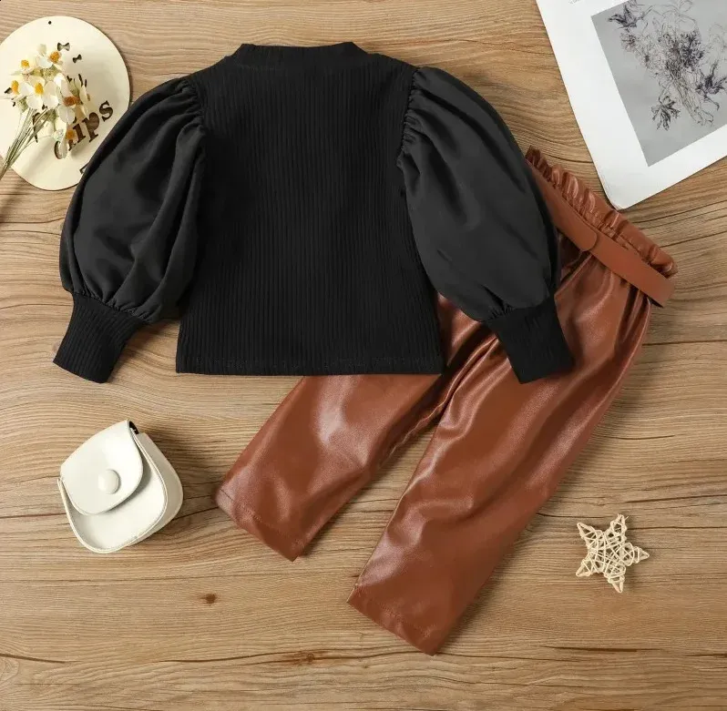 Girls' Ribbed Long Sleeve Blouse & PU Leather Pants Set with Belt ...