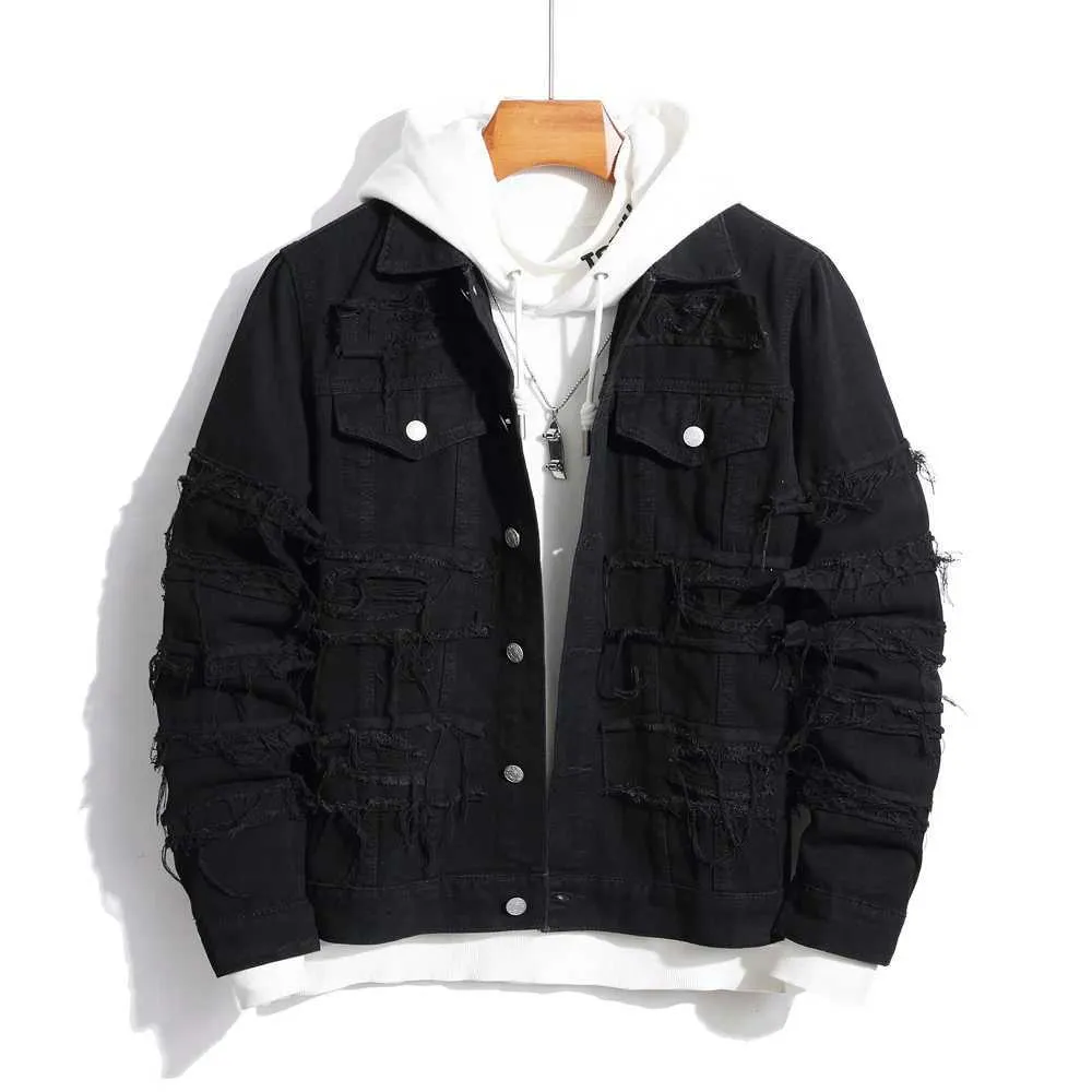 Street Clothing Mens Stacked Splicing Tear Ultra Thin Denim Jacket Mens ...