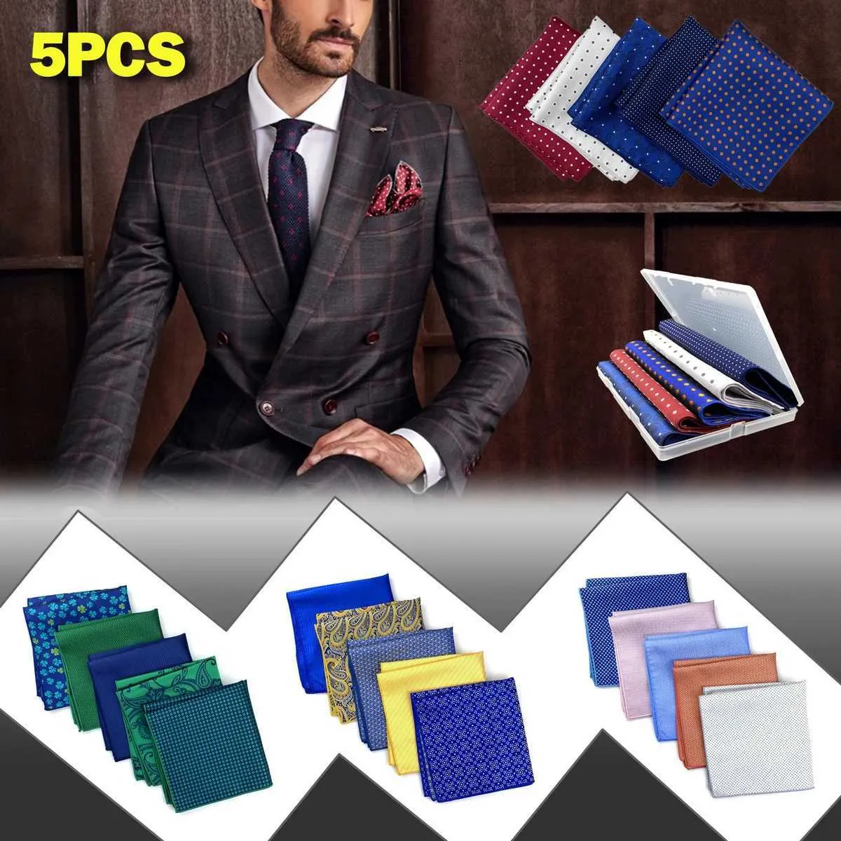 5-Piece Mens Silk Pocket Square Set | Large Size, Assorted Colors ...