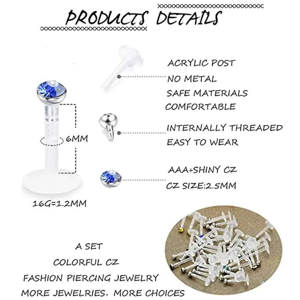 Clear Acrylic Tragus Retainer Studs with CZ Gem - Labret Monroe Lip ...