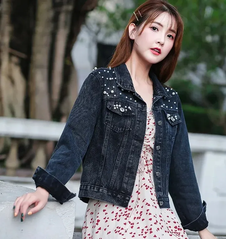 Women's Denim Jacket with Beaded Pearl Detail - Short Sleeve, Spring ...