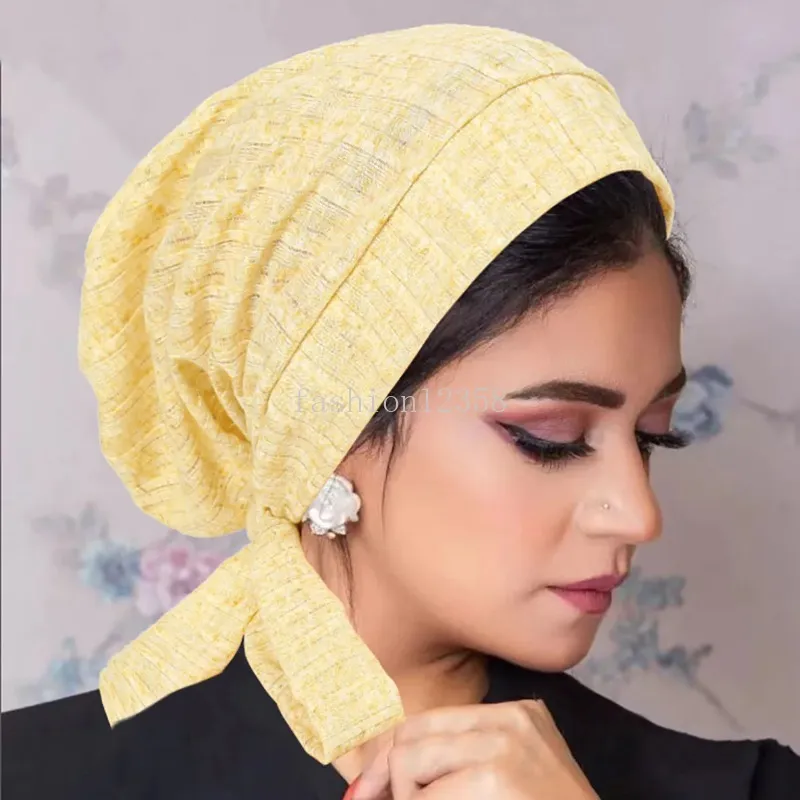 Muslim Women Hijab Bonnet Solid Color Pleated Turban Chemo Cap Ruffles ...