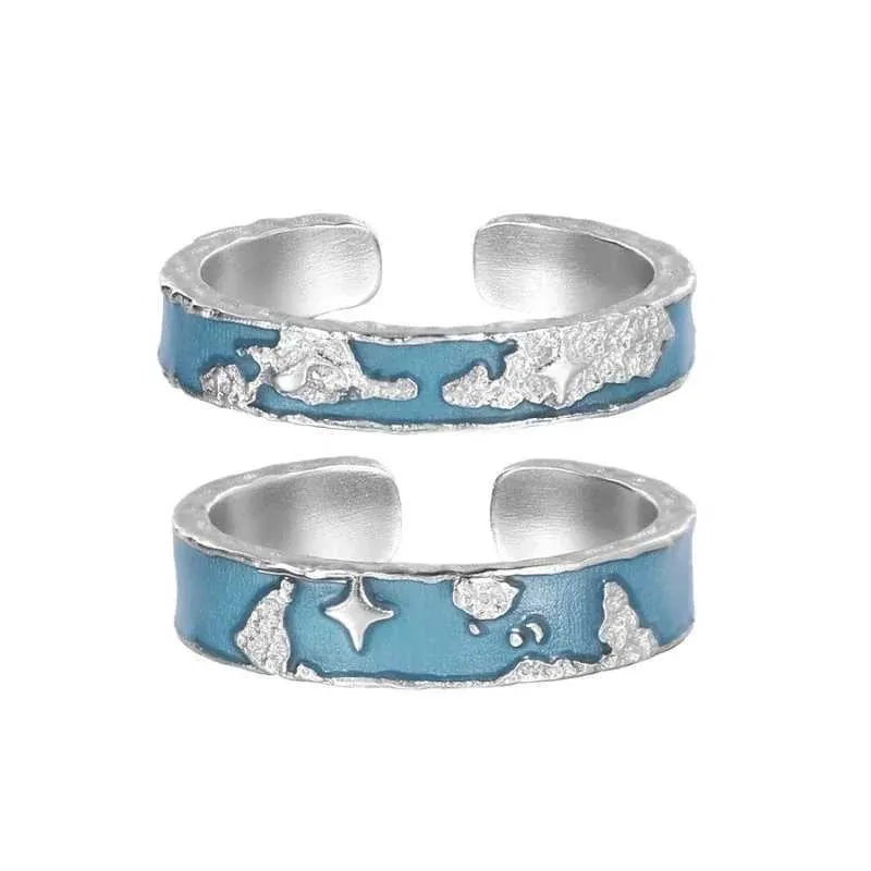 Fashion World Map Design S925 Sterling Silver Rings Drip Glue Lovers ...