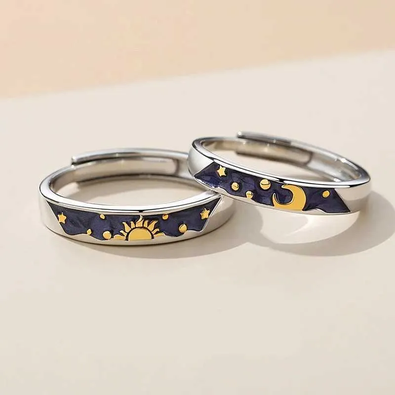 Lovely Van Gogh Starry Sky Couple Rings Adjustable Open Sun Moon Star ...