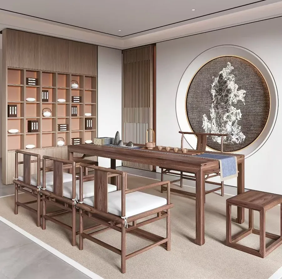 Elegant Wooden Tea Table with Background Bookcase Perfect for Tea Lovers