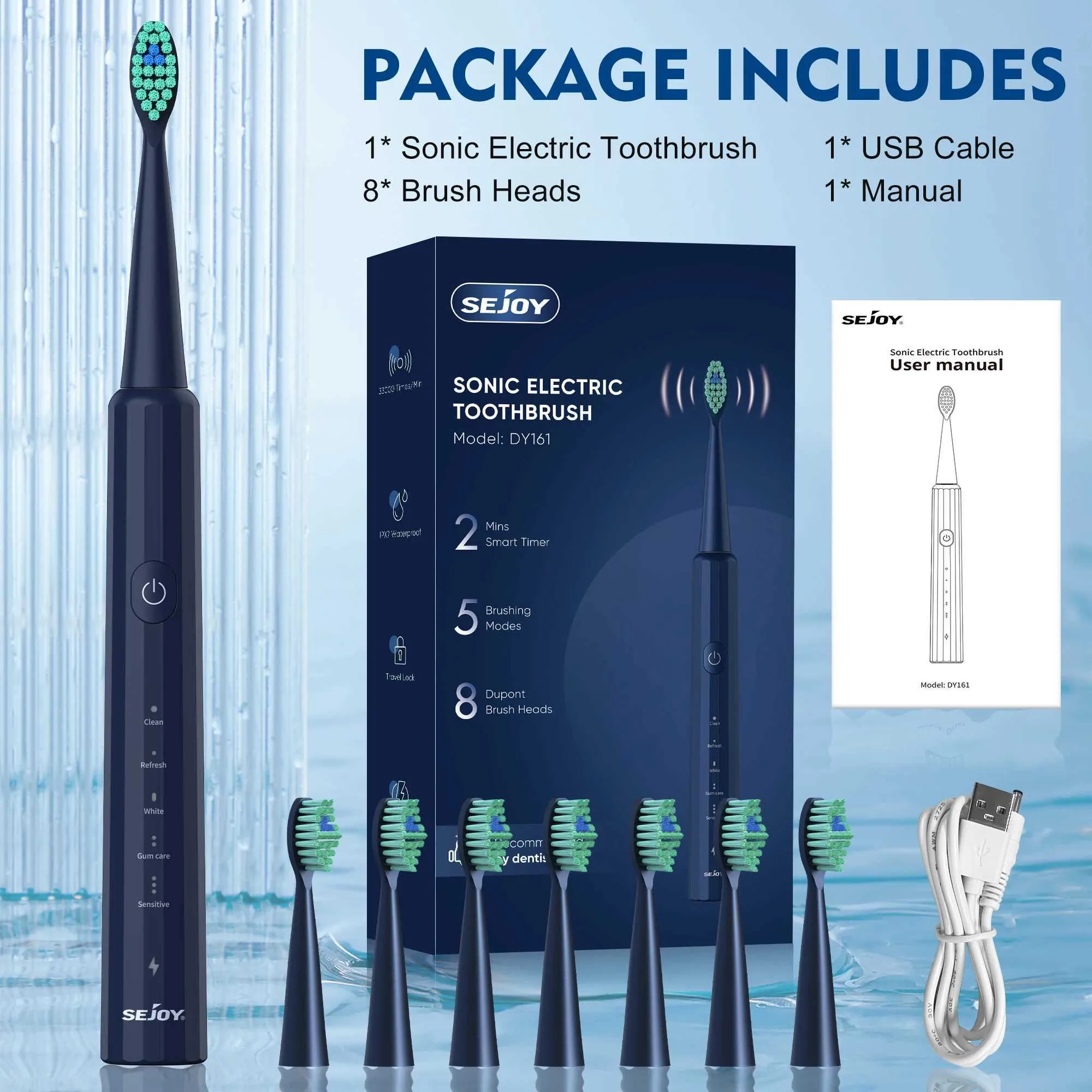 Electric Sonic Toothbrush with 8 Replacement Heads - USB Rechargeable ...
