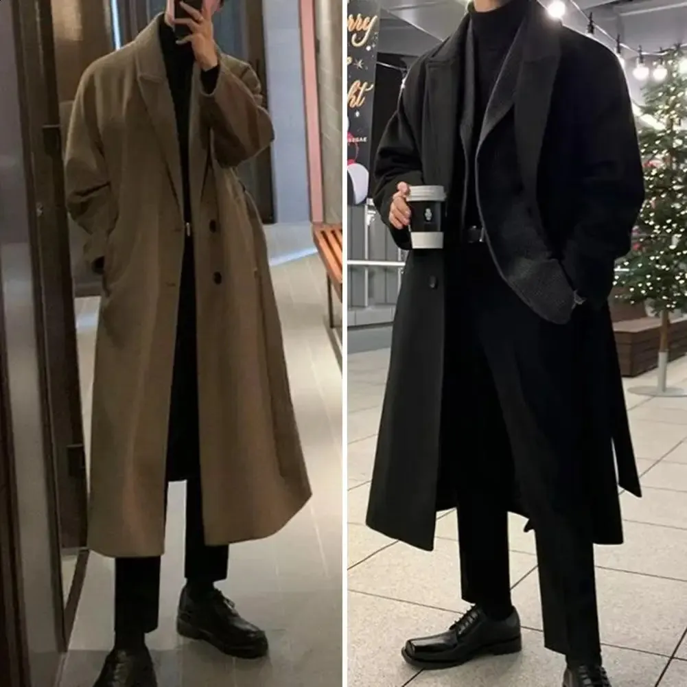 Men's Long Wool Wool Trench Coat Men With Lapel, Double Button Closure ...