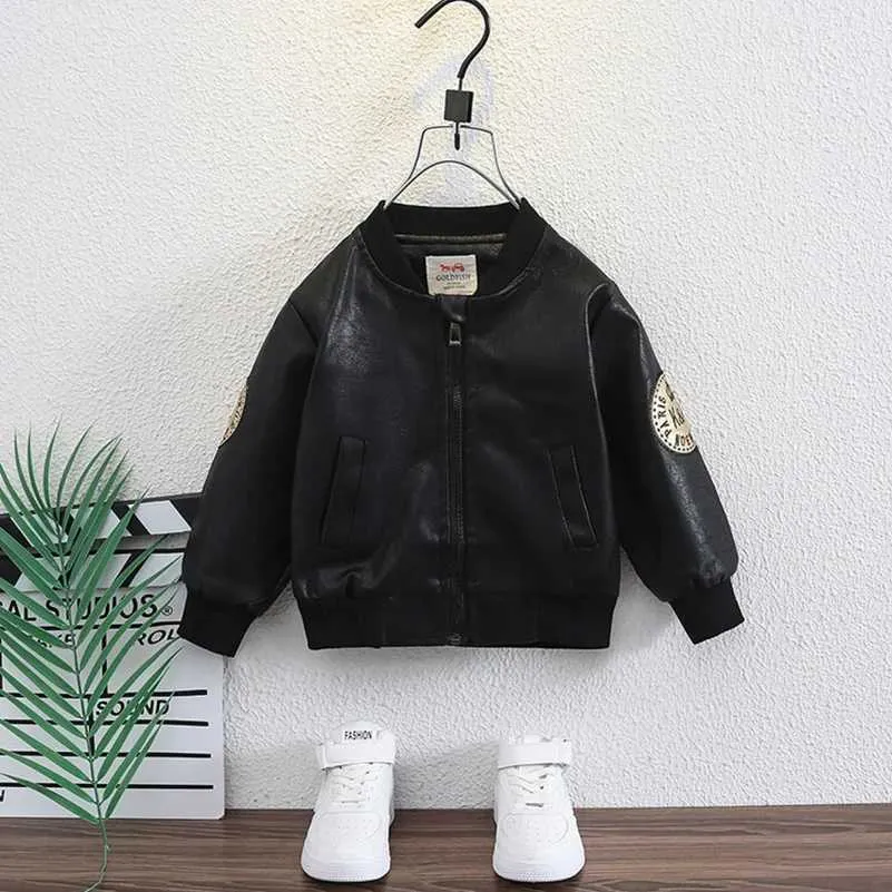 Boys Black Printed Letter Leather Jacket - Breathable, Casual, Spring ...