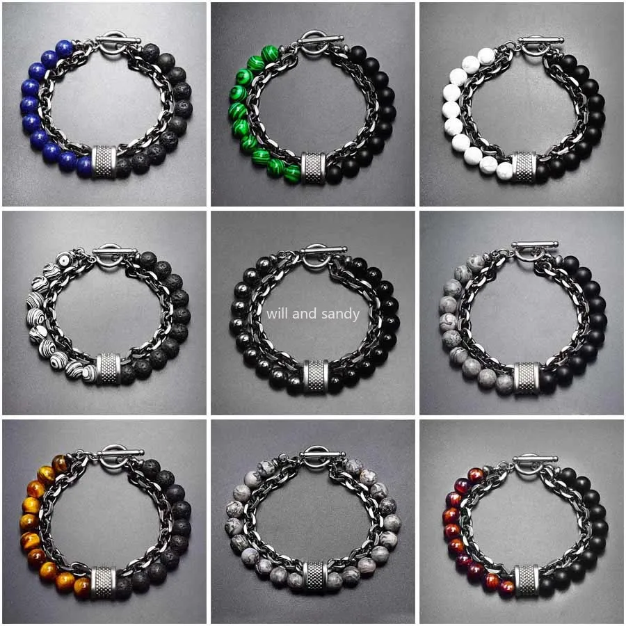 Heavy Natural Stone Beaded Stack Bracelet Designer Jewelry Metal Chain ...