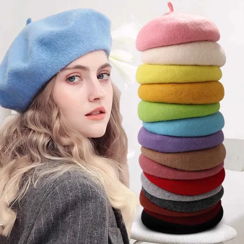 French Beret Artist Warm Thick Wool Winter Bini Hat Retro Womens ...