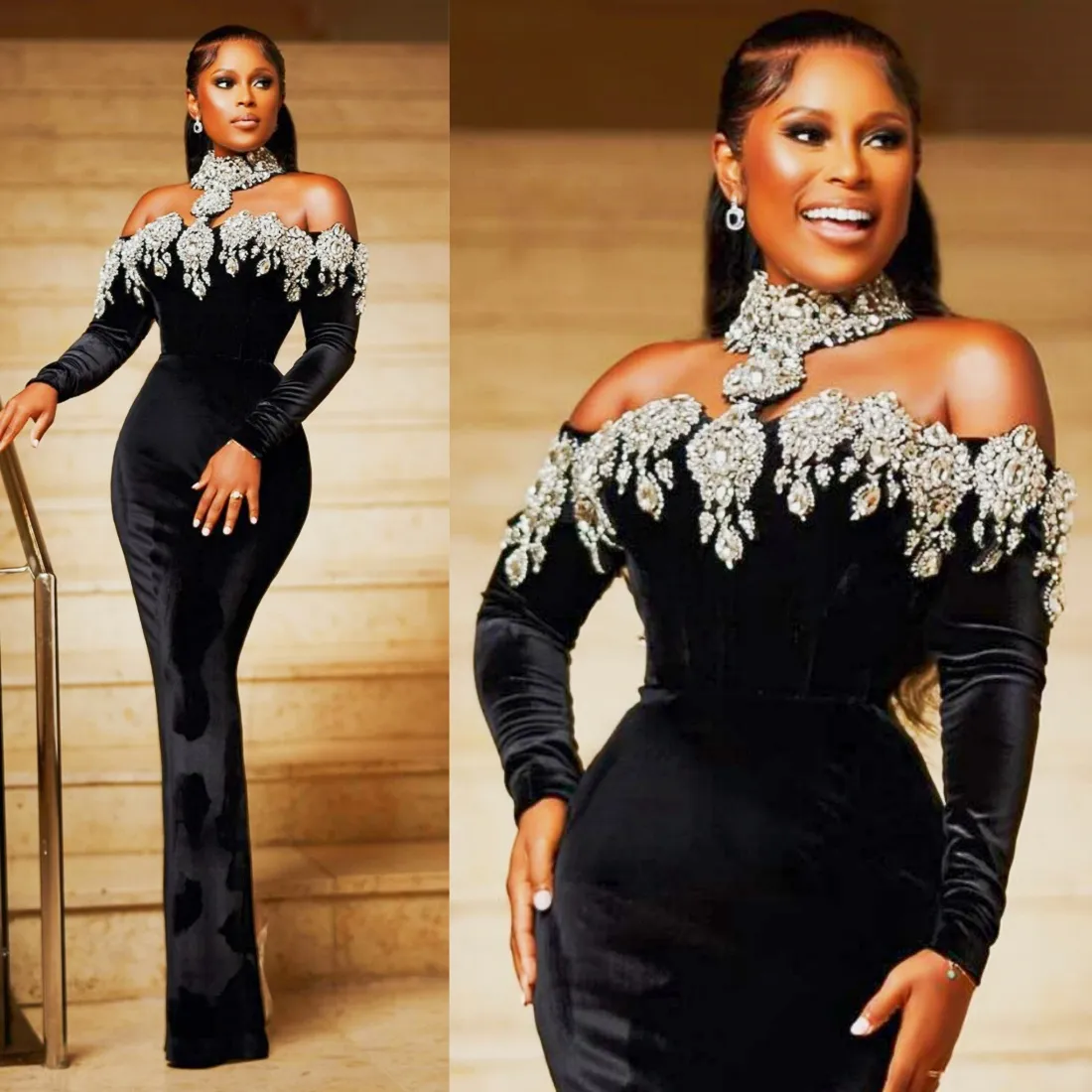 Black Mermaid Gown: Velvet Halter Formal Dress With Long Sleeves, Beaded Rhinestones, Perfect ...