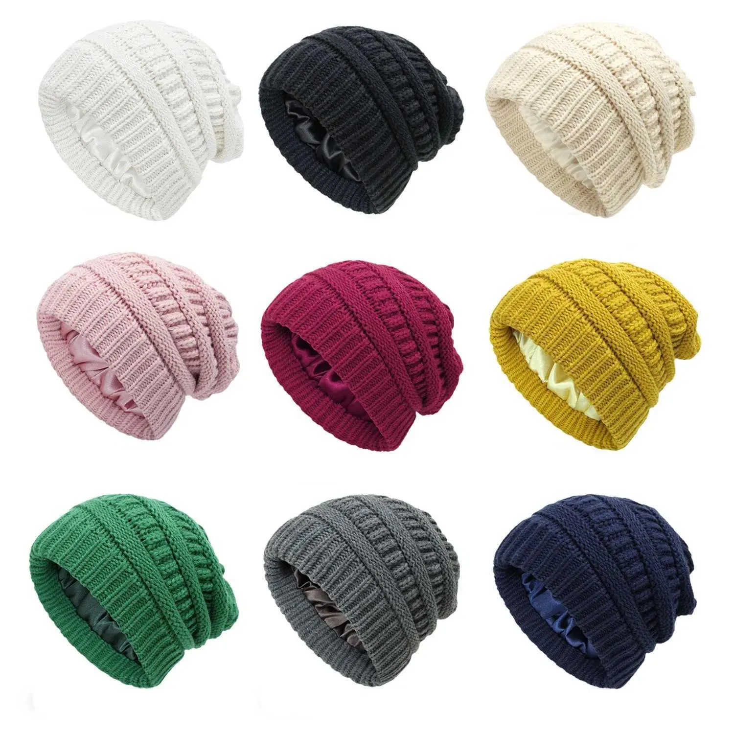 Unisex Chunky Knit Beanie Hat with Silk Satin Lining - Warm Winter ...