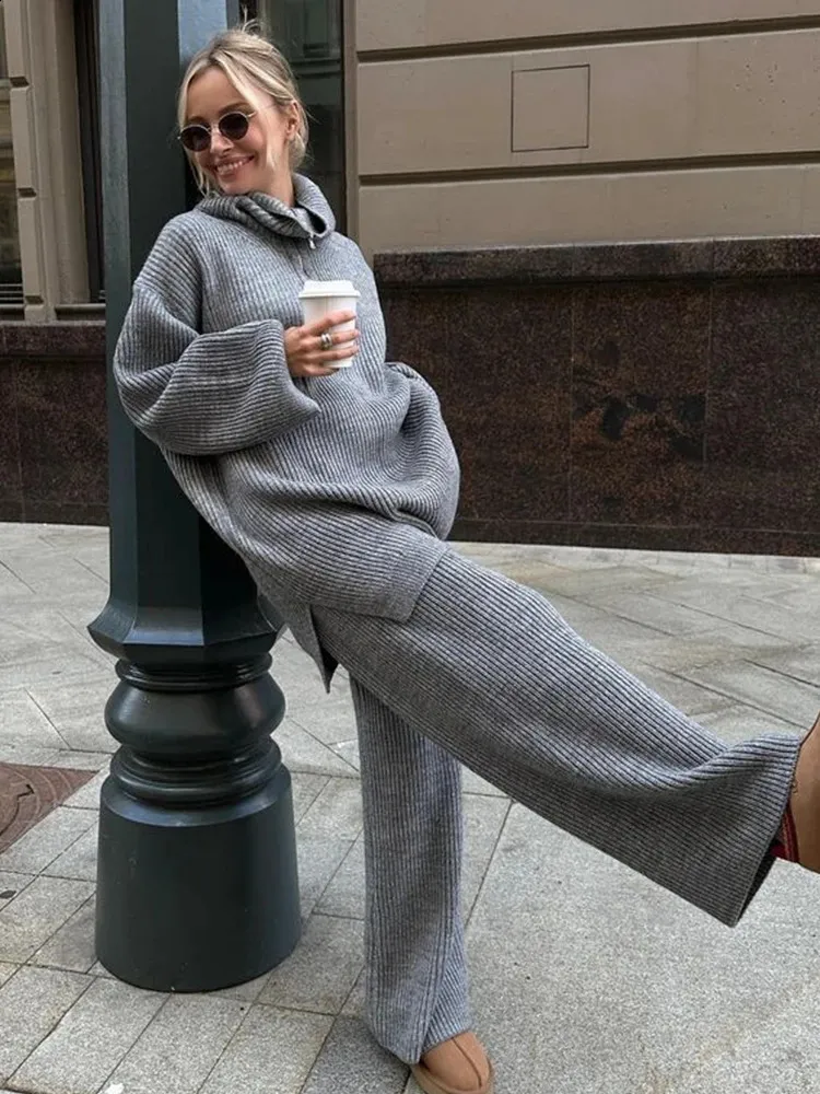 Fashion Two Piece Knitted Pants Set For Womens Autumn Polo Collar Split ...