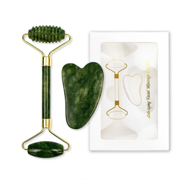 Natural Jade Stone Green Stone Face Massager Set Roller And Gua Sha Kit ...
