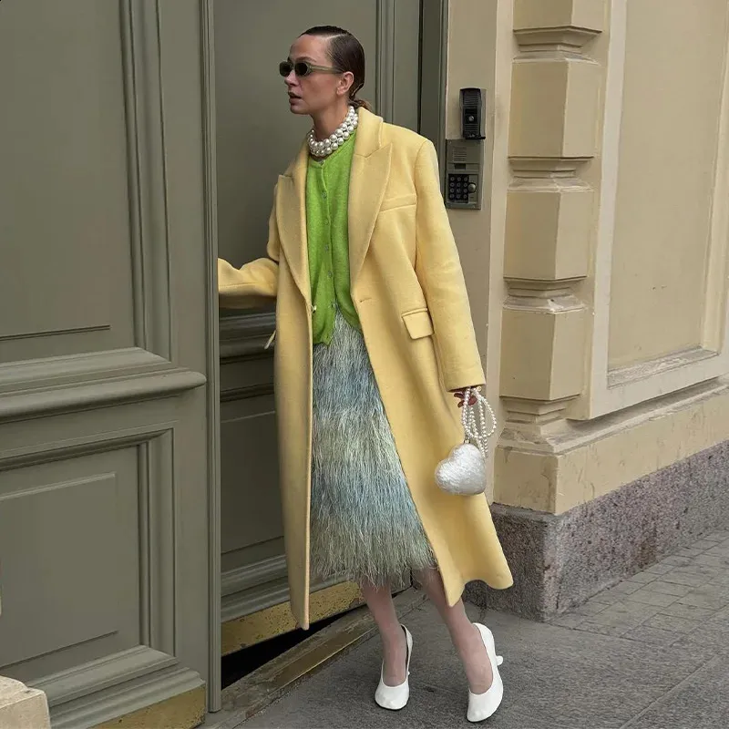 Chic Yellow Wool Overcoat - Ladies Woollen Coats for Autumn & Winter ...