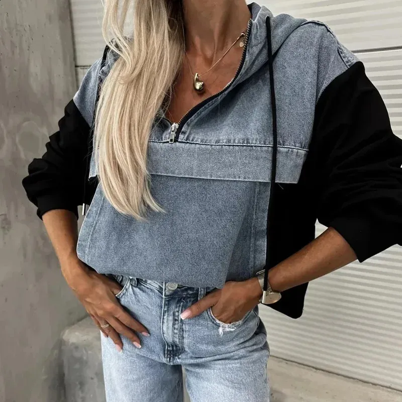 Women's Denim Hoodie Sweatshirt with Drawstring & Stitching - Long ...
