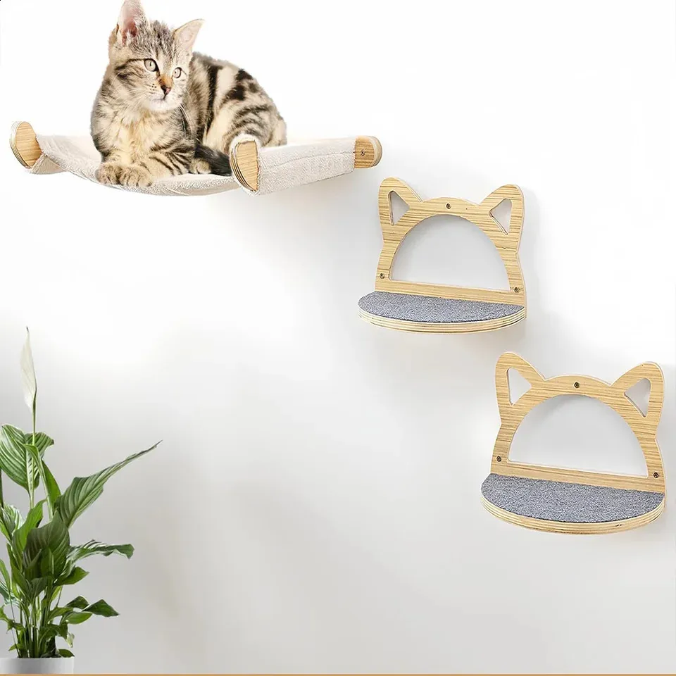 Wall-Mounted Cat Tree with Stairs: Premium Wooden Cat Perch & Scratcher ...