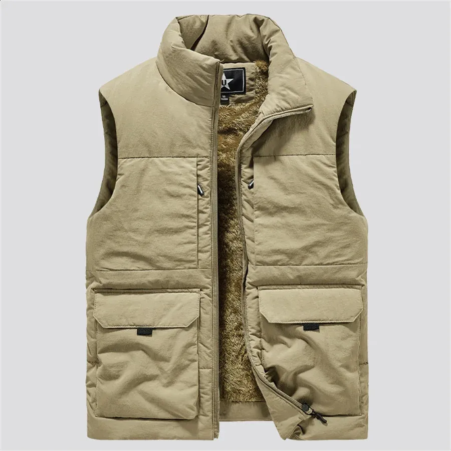 Winter Men's Cargo Vest Thick Wool Warm Sleeveless Jacket Solid Color ...