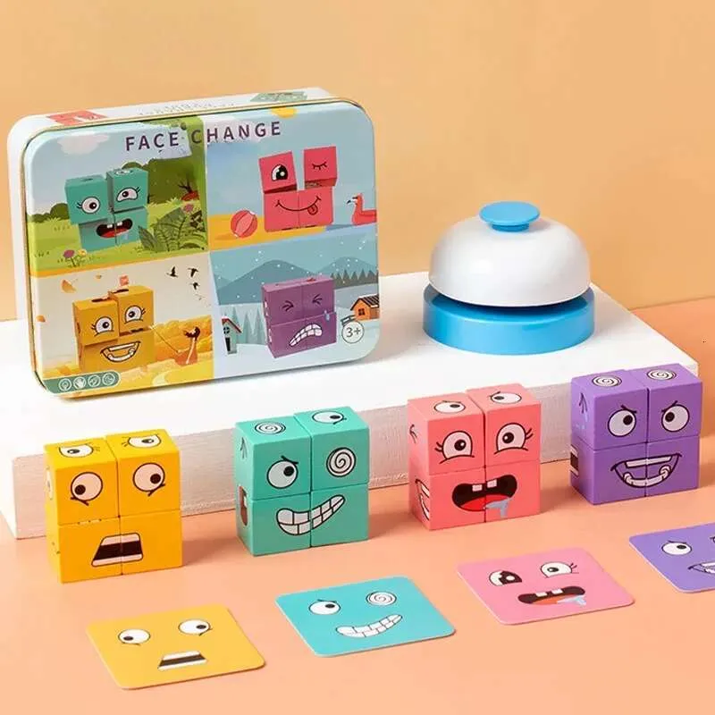 Montessori Wooden Blocks Expression Puzzle: Face Changing Cube Building ...