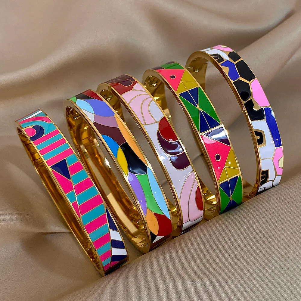 Enamel Bracelets: Gold Plated Cuff Bracelet With Colorful Geometric ...
