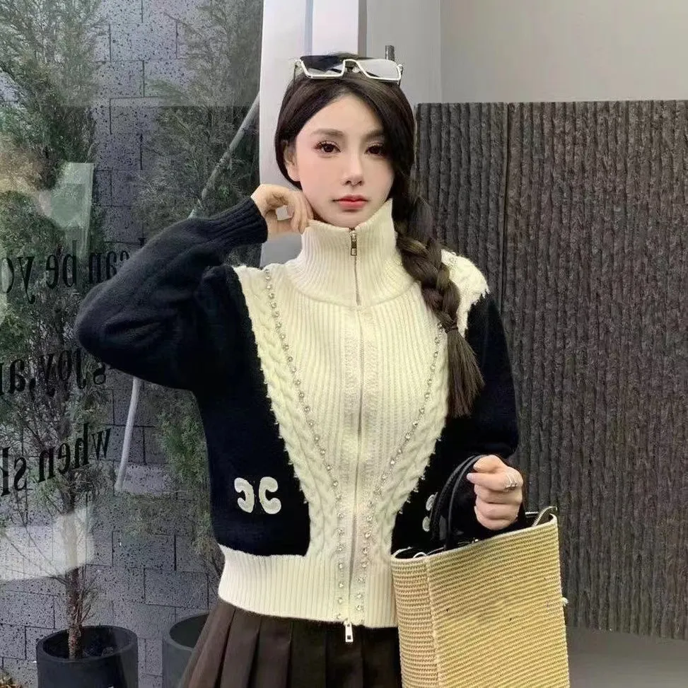 Premium Knit Zipper Cardigan Jacket - Turtleneck Design, Black & White ...
