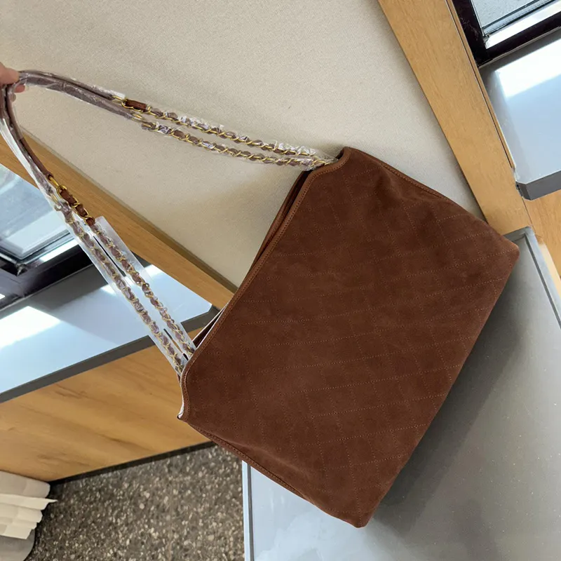 Luxe Suede Shoulder Bag - Designer Dark Brown Nubuck Handbag with Gold ...