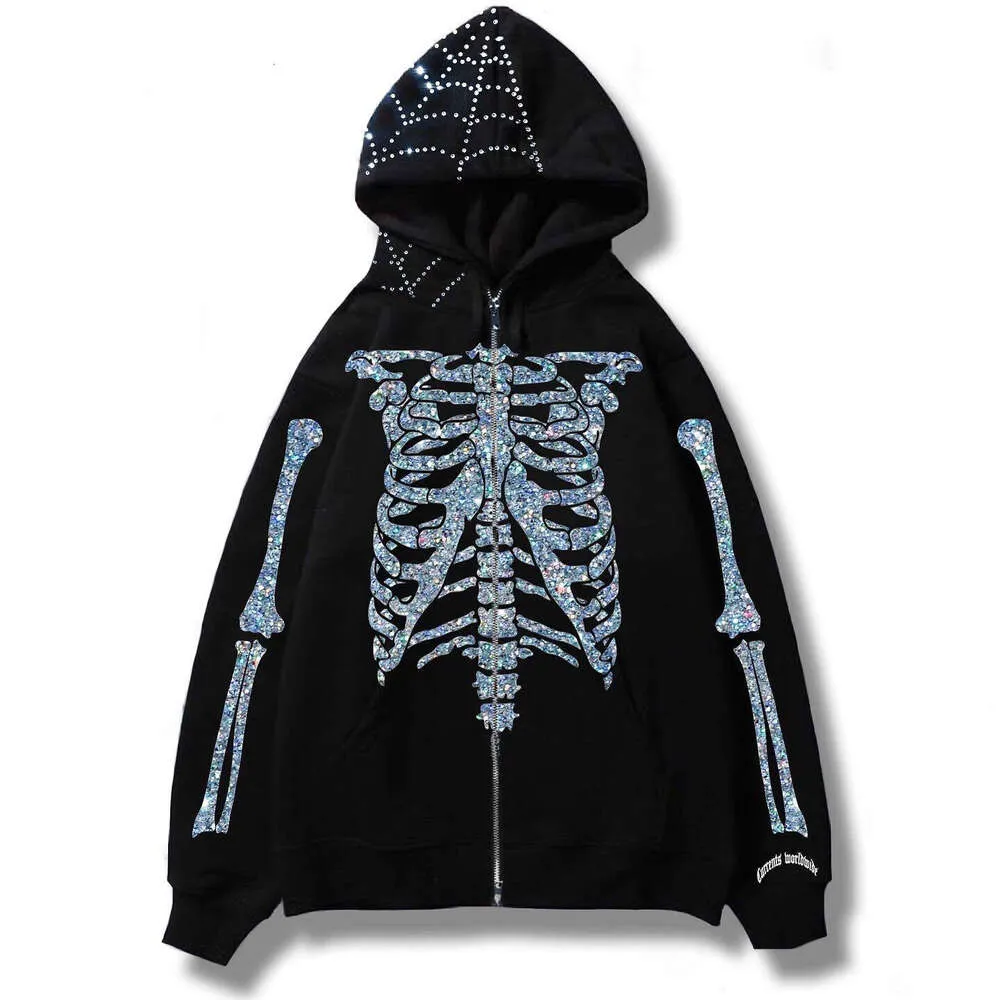 Spider Hoodie Black: Y2K Punk Skeleton Web Print Hoodie Long Sleeve ...