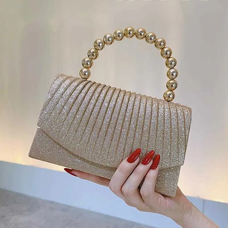 Sparkling Pleated Clutch Bag with Pearl String - Elegant Evening ...