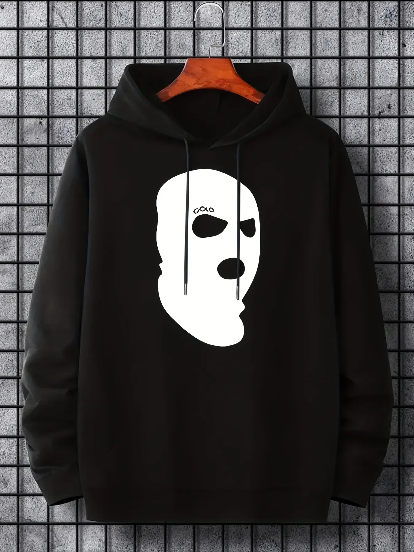 Men's Ski Mask Print Hoodie, Casual Pullover Sweatshirt With Kangaroo ...